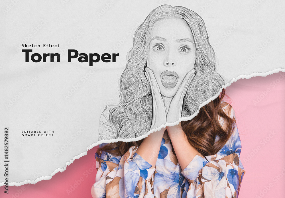 Torn Paper With Pencil Sketch Photo Effect Stock Template | Adobe Stock