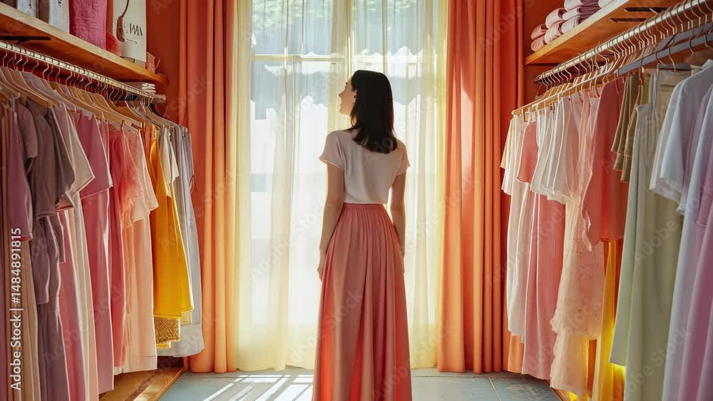 Fashion enthusiast enjoying a vibrant room filled with stylish dresses ...