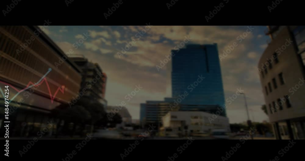 Blue-tinted skyscraper being animated in dusk street scene with red and ...