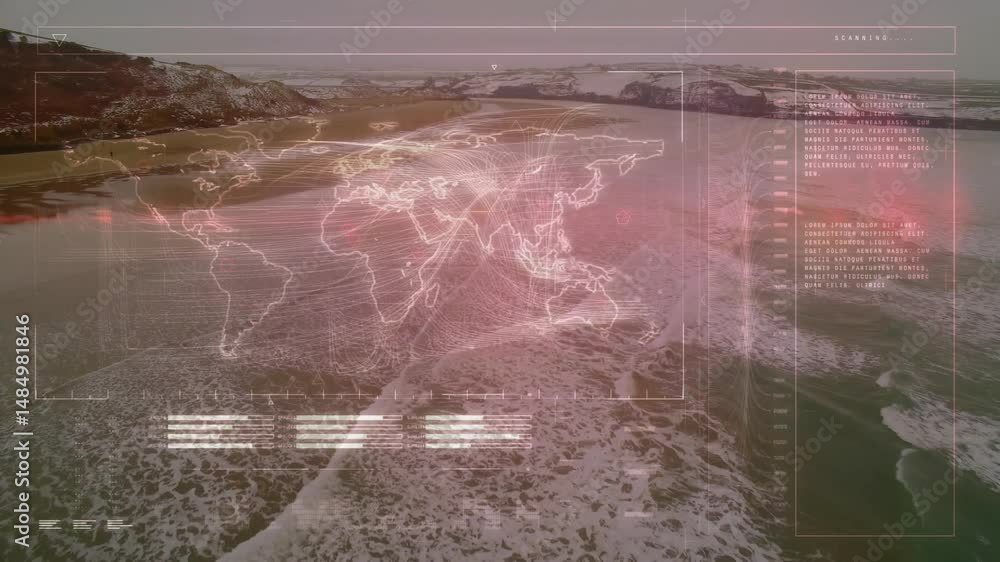 Digital world map overlaying coastal landscape, showing animated flow ...