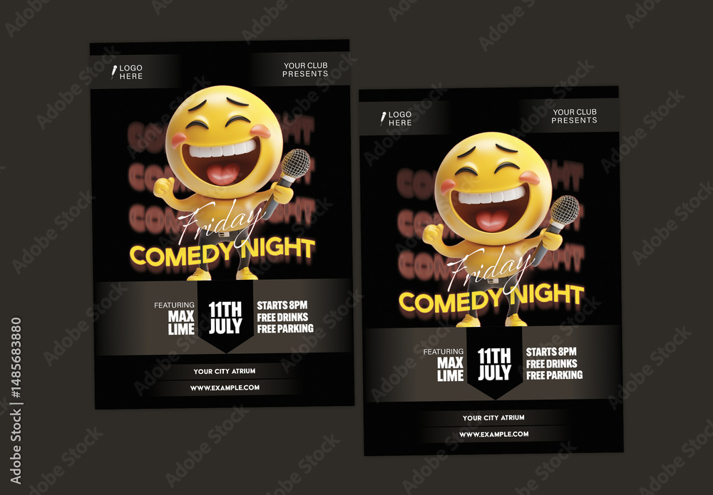 Friday Comedy Night Advertisement Flyers with 3D Emoji for Social Media ...