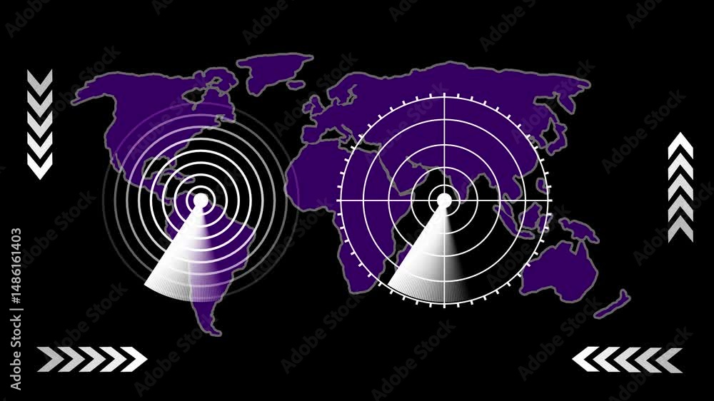 Global surveillance and network scanning map. Animated radar scanning ...