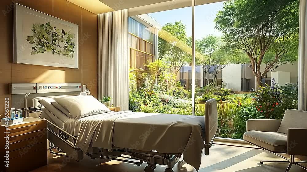 Serene hospital room with a view of a lush garden, promoting healing ...