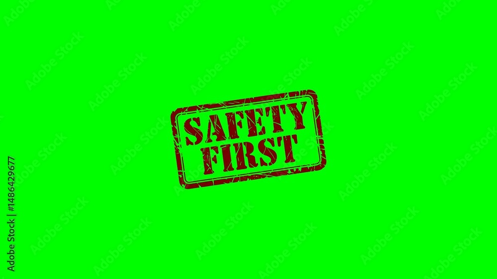 Animated "Safety First" rubber stamp seal with red text on a green ...