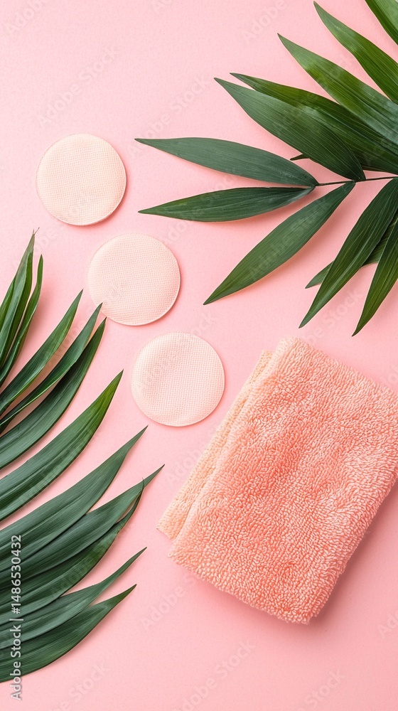 Pink Under Eye Masks on Soft Towel with Tropical Leaves Stock Photo ...