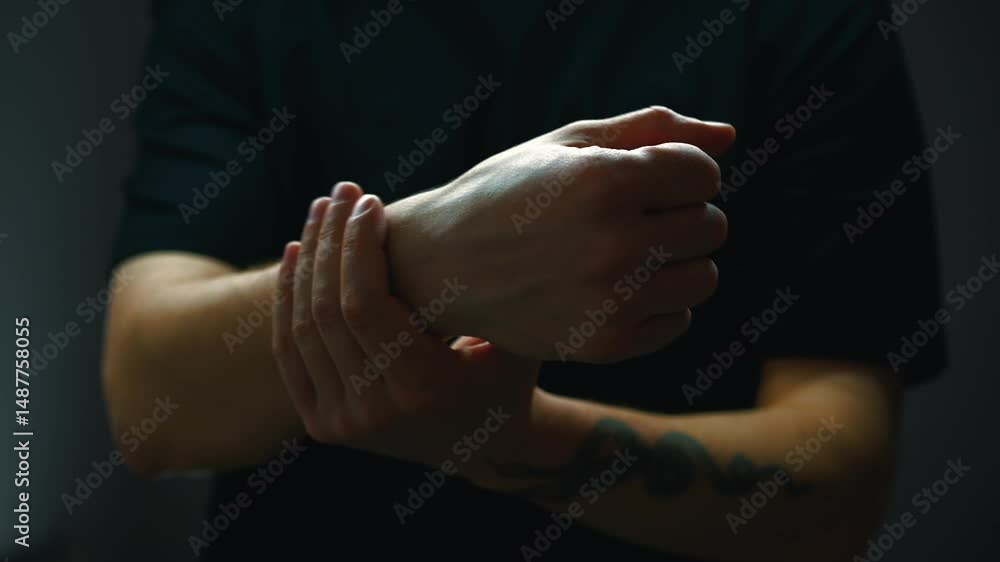 An anonymous man holds his sore hand in a dark room. Pain in hand ...