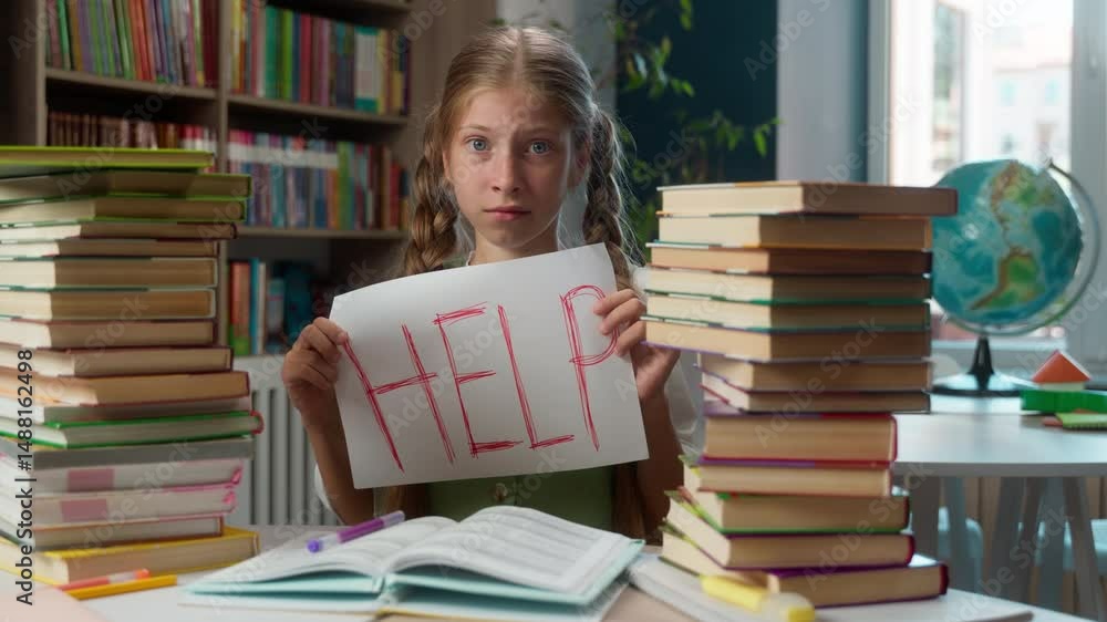 Scared fatigued upset Caucasian little girl child kid schoolgirl school ...