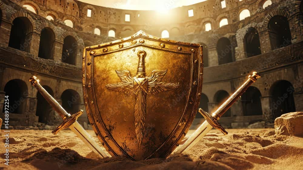 Golden Shield and Swords in Ancient Arena: Symbol of Protection ...