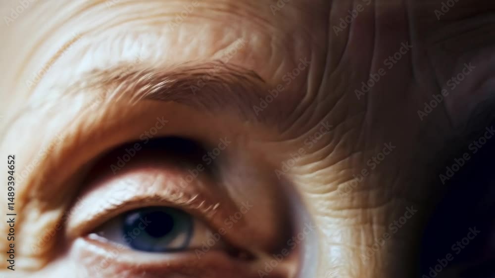 Extreme close-up shows wrinkles surrounding human eye with deep blue ...