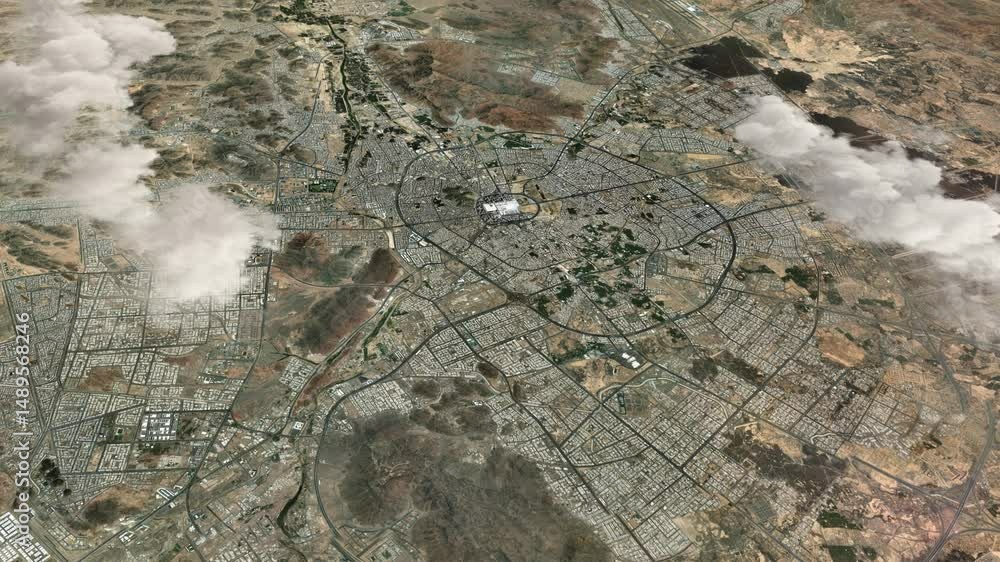 Madinah Aerial City Map Animation with Al Masjid An Nabawi With Cloud ...