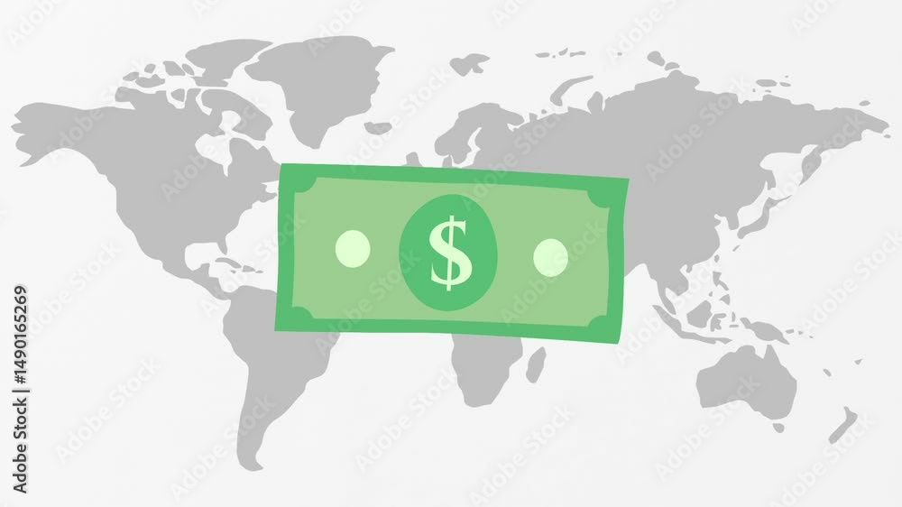 Animated US dollar money, world map silhouette icon, symbol. Business ...