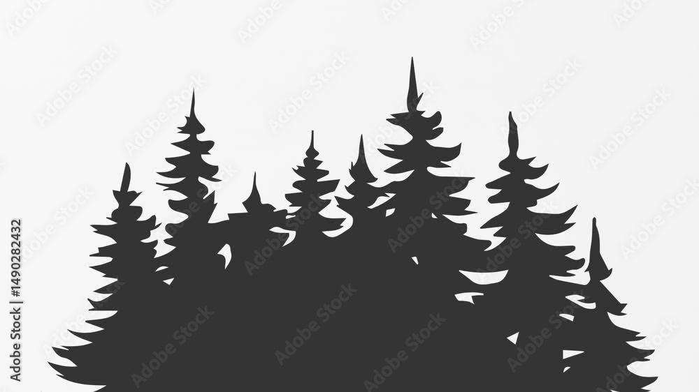 Animated multiple black silhouette pine trees with leaf, dense leaves ...