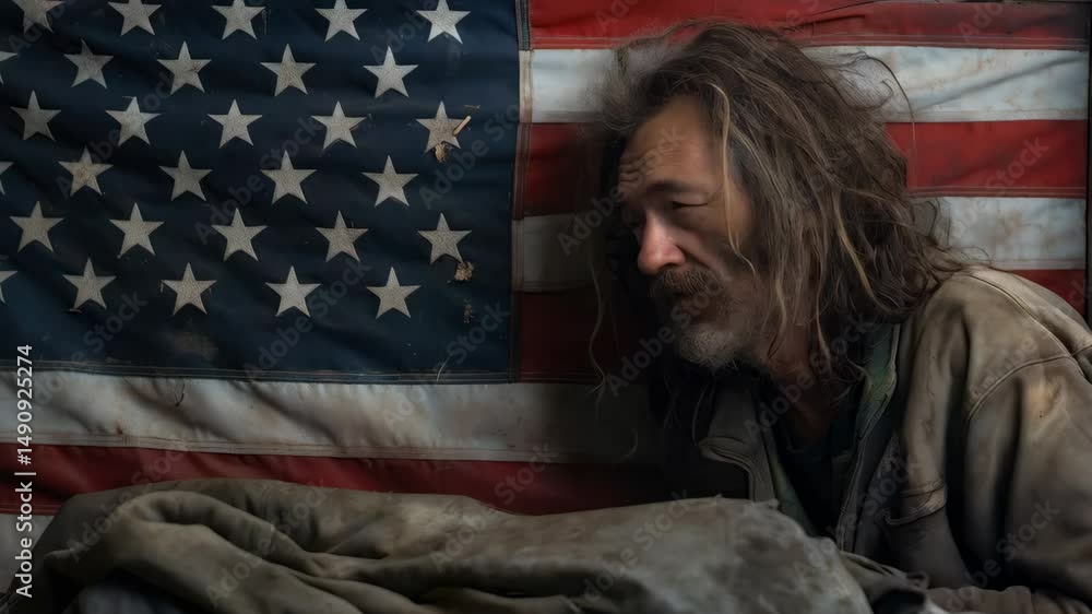 Homeless man sleeping on street with American flag background. Poverty ...