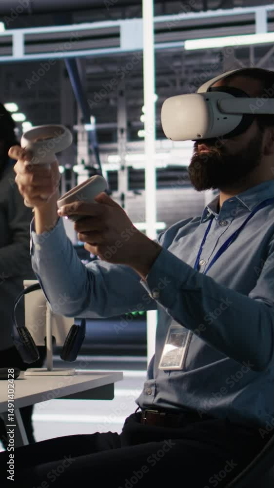Vertical video Data center technician using VR headset to monitor neural network AI LLM ...