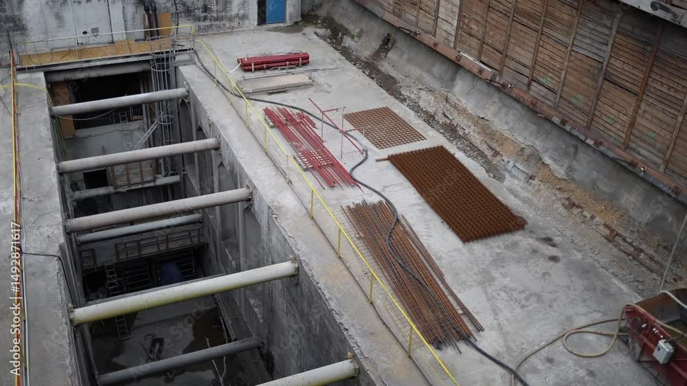 Construction site trench with deep concrete shaft and steel ...