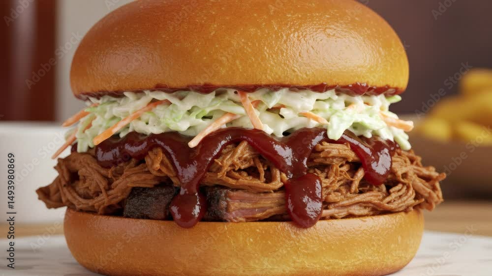 Juicy BBQ Burger: A mouthwatering burger features tender, pulled pork ...