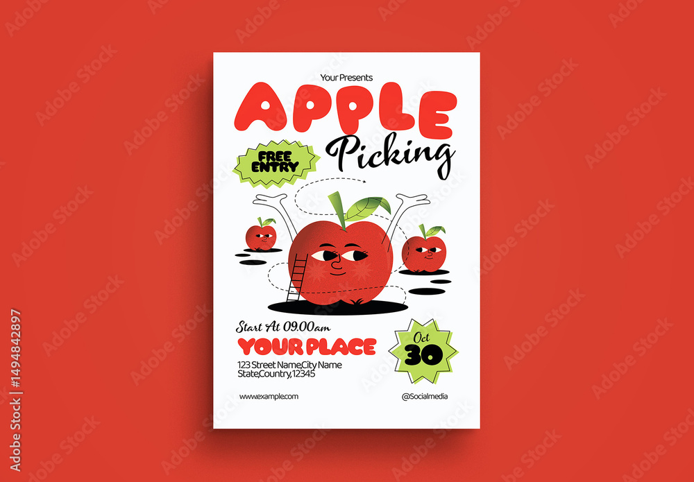 White Quirky Illustration Apple Picking Flyer Layout Stock Template ...