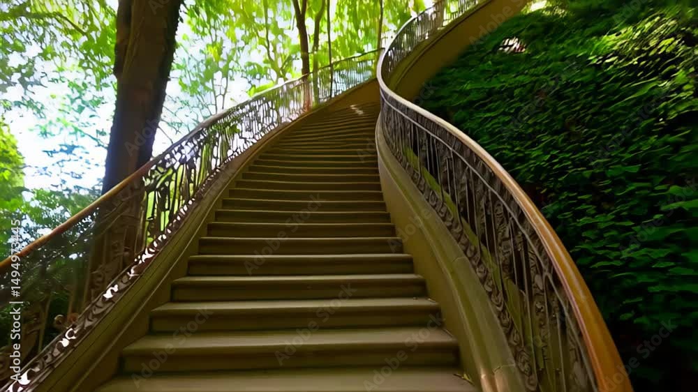 A winding wooden staircase with intricate railings ascending through a ...