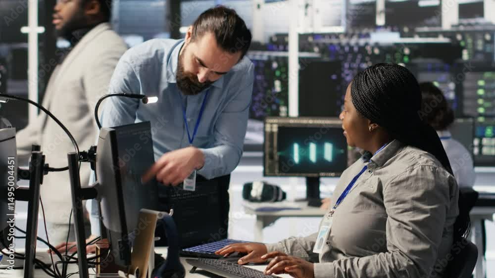 Server room manager providing feedback to employee managing AI training ...