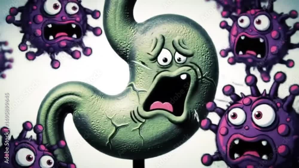Cartoon Stomach Bug Animation with Sickly Green Stomach and Cute Germ ...