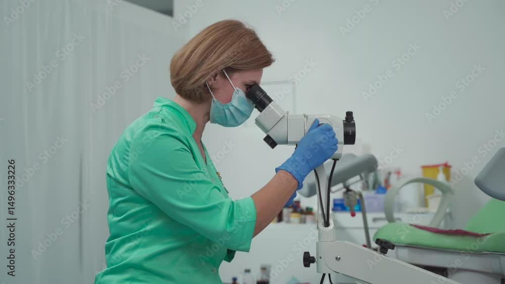 Gynecologist uses colposcope. Optical device with magnification ...