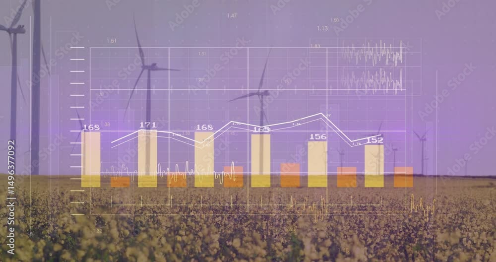 Static wind turbine panorama starting charts fading bars tracing line ...