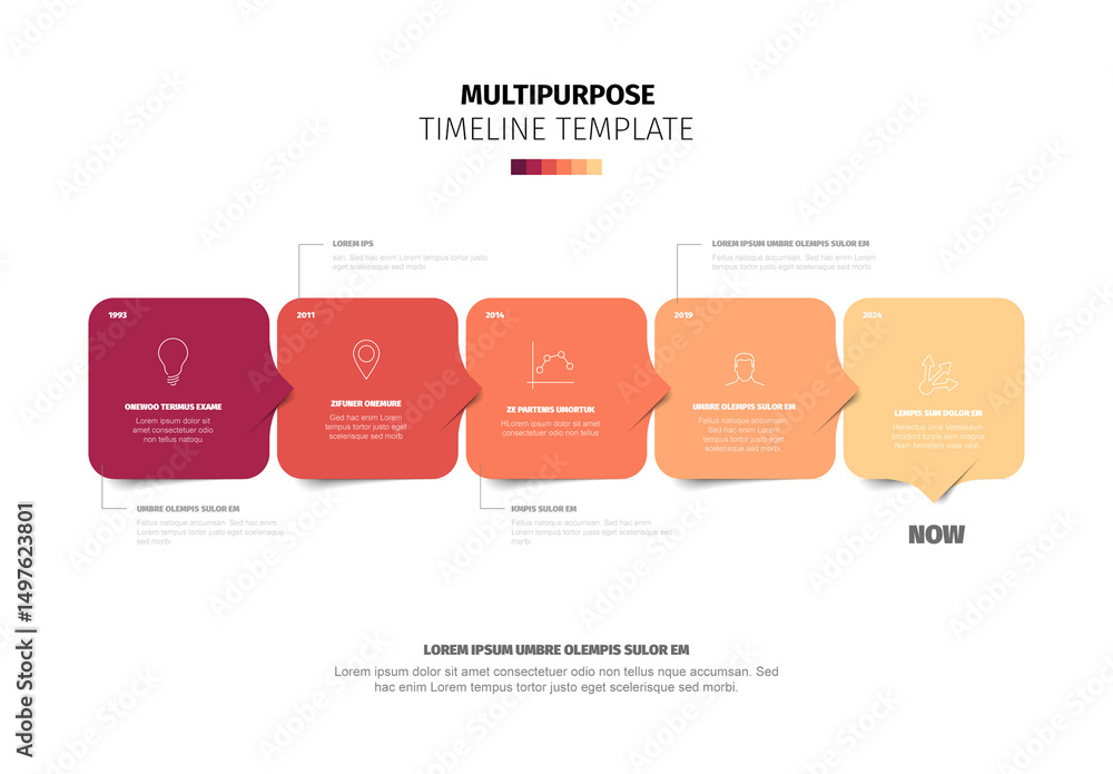 Multipurpose Timeline Template with red rounded square shapes with icons for presenting events ...