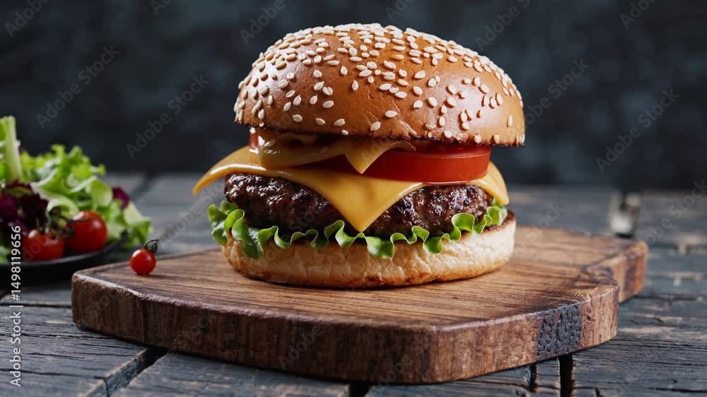 Beautiful fresh juicy cooked burger with meat cutlet, onion, vegetables ...