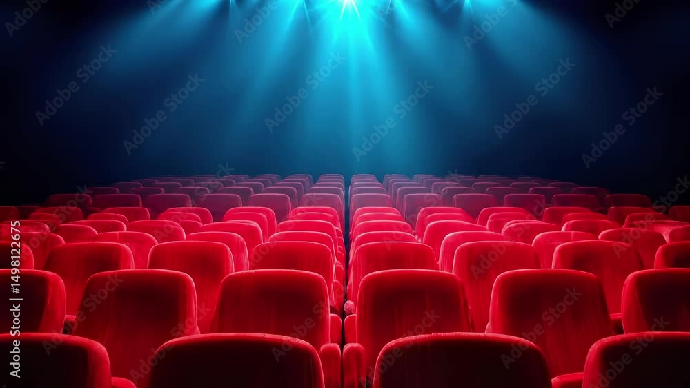 Empty movie theater with bright red velvet seats arranged in rows under ...