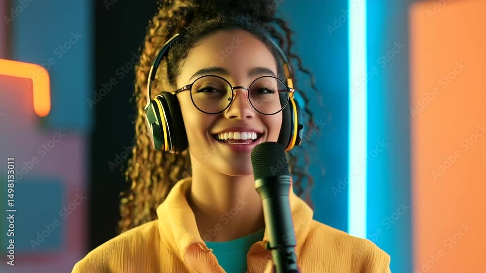 Modern female podcaster gripping her mic with intent, neon backdrop and ...