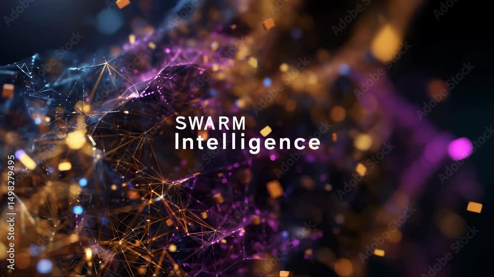 Abstract visualization of swarm intelligence concept, glowing neural mesh with dynamic light ...