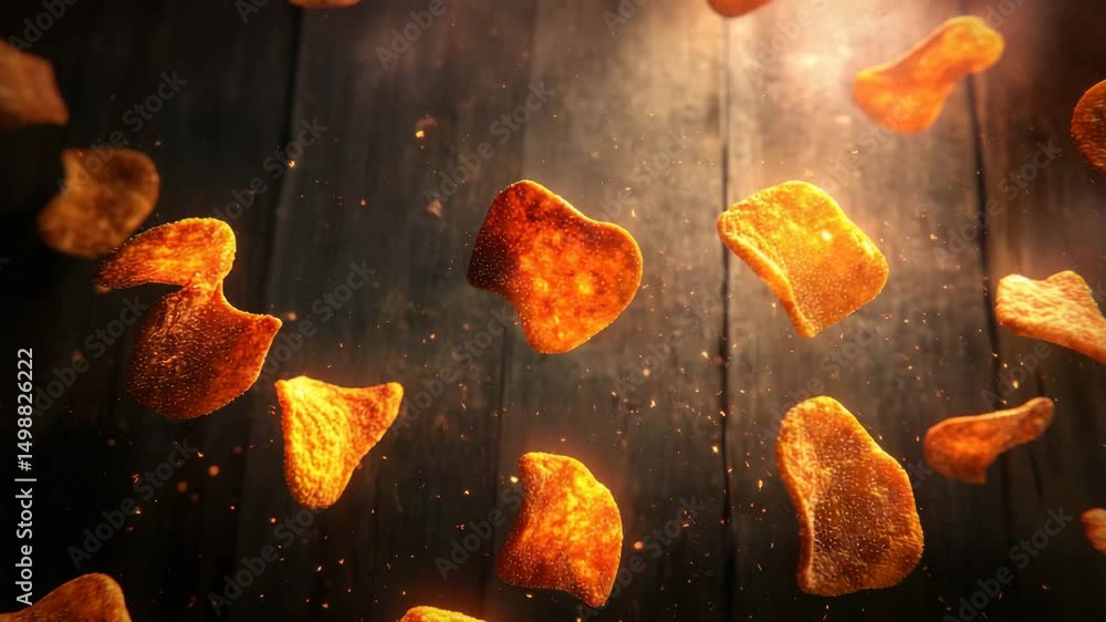 Floating Spicy Snack Chips with Glowing Light on Wooden Surface Stock ...