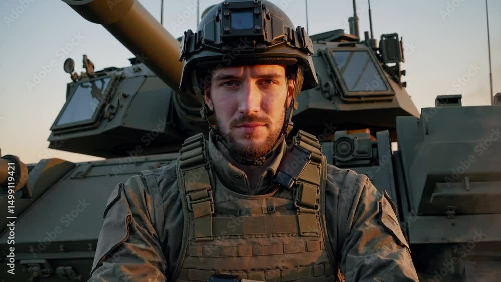 Soldier stands in front of tank. Military warfare concept with vehicle ...