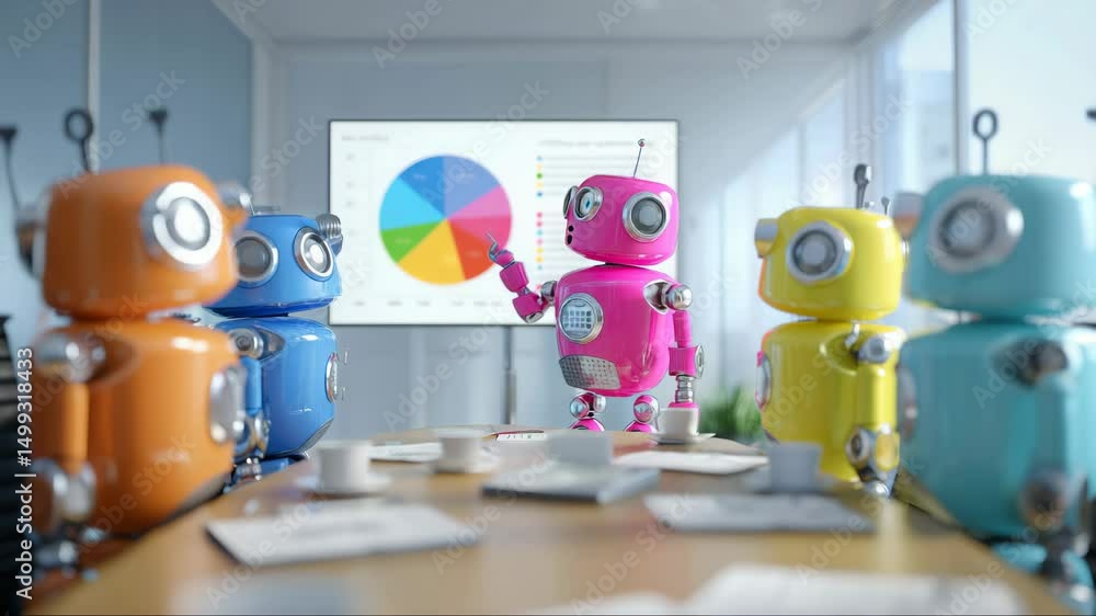 Colorful cartoon robots in AI-first company office, presenting data ...