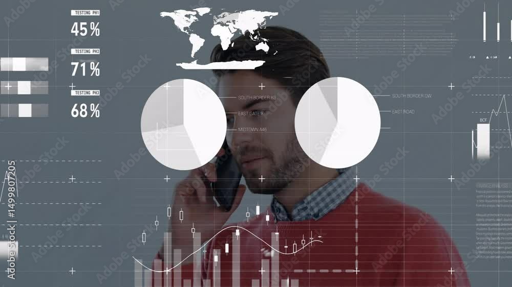 Man receiving phone call and analyzing business data with animated pie ...