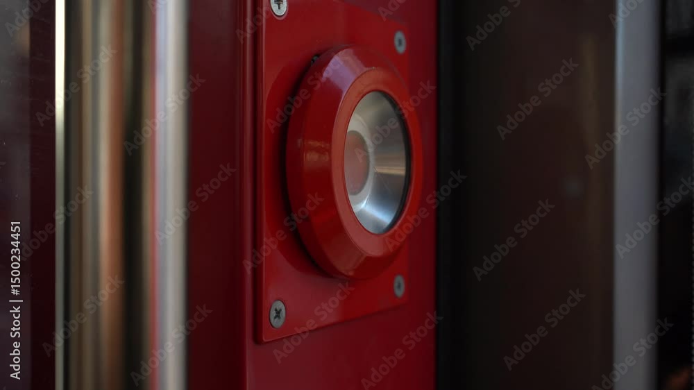 Close-up of an emergency stop button inside a European tram. Bright red ...