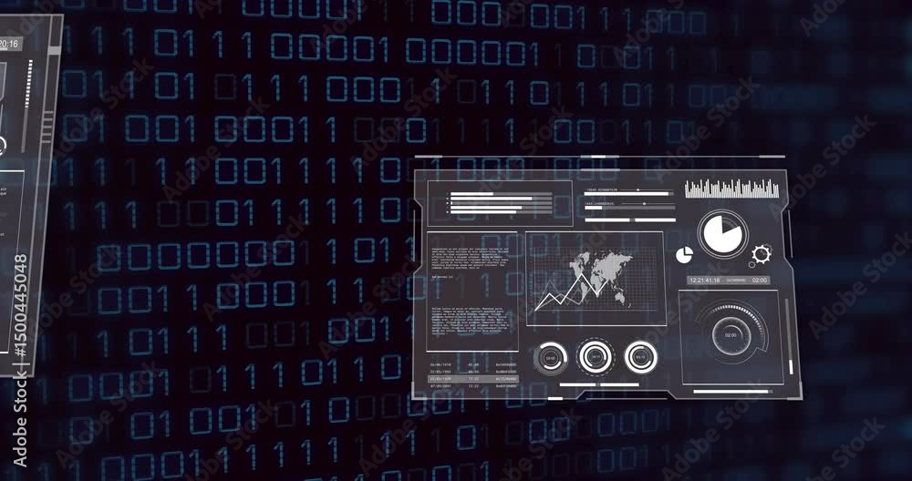 Vidéo Stock Dark binary code matrix appearing panels sliding merging arranging into dashboard ...