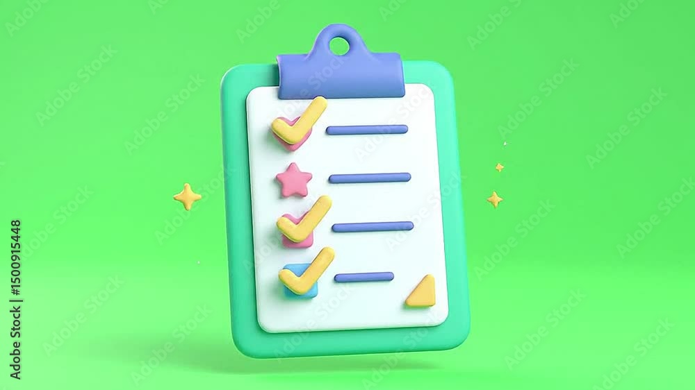3D Cartoon Clipboard with Checklist and Completed Tasks on Green Screen ...