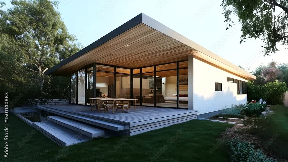 A backyard ADU with a clean architectural design, a sloped roof ...