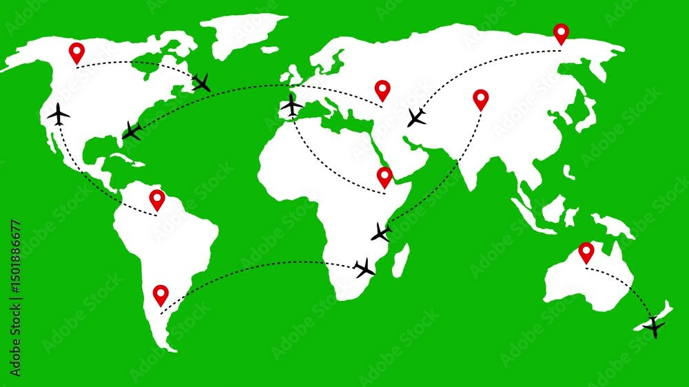Airline route on map. Flying planes with location pin. Flight animation ...