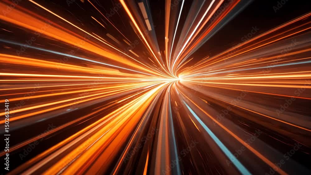 Radial orange light streaks speed through tunnel-like void with motion ...