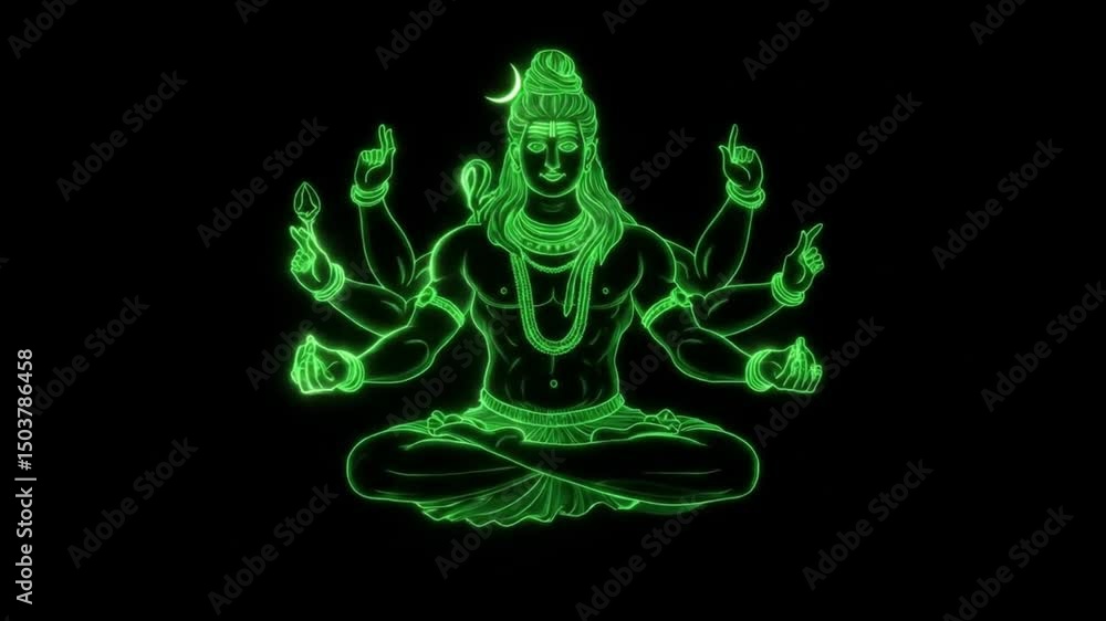 Lord shiva wallpaper with a neon green outline, depicting a sixarmed ...
