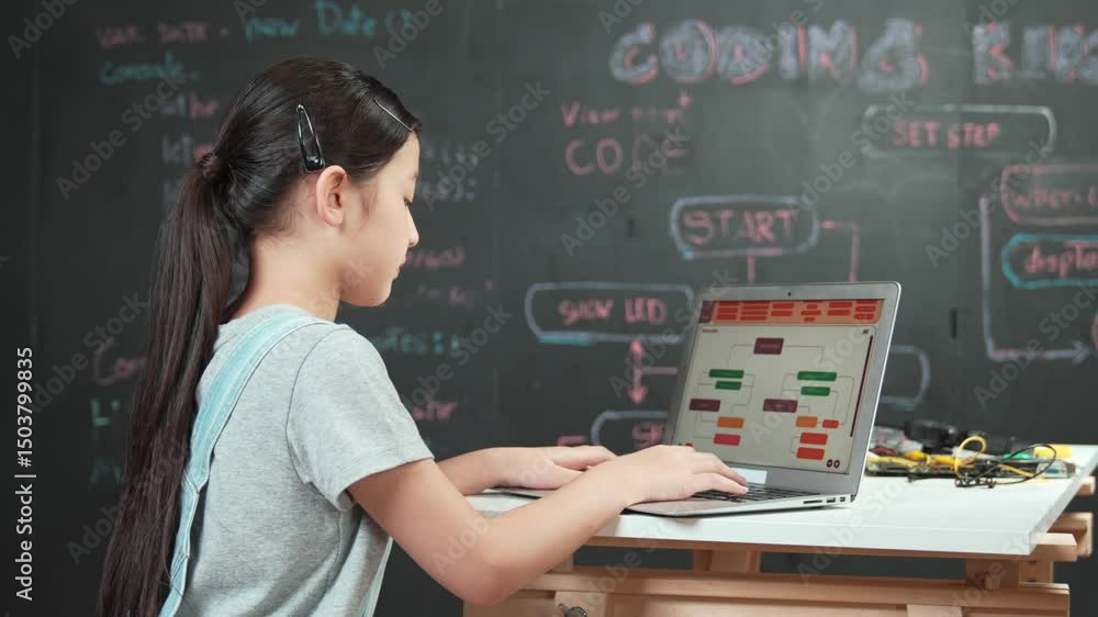 Young happy asian girl coding and programming prompt at blackboard ...