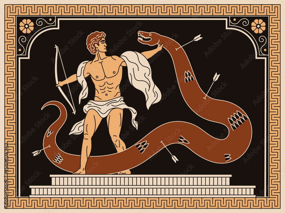 Poster Ancient Greek-style illustration of the god Apollo battling the ...