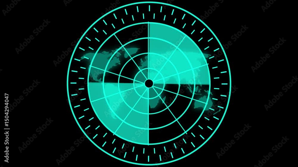 Radar screen animation on black background. Signal transmitted sonar ...