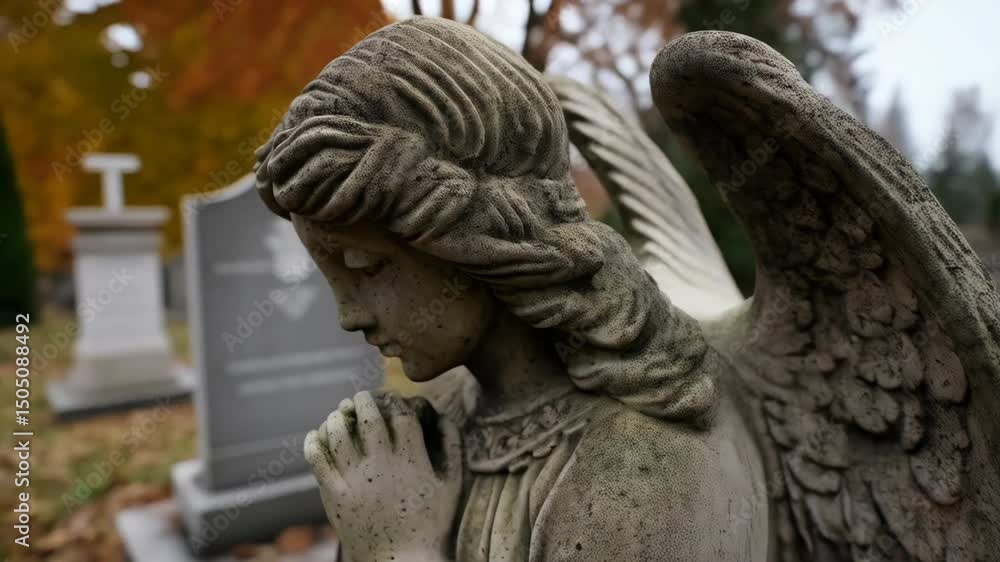 Stone angel statue with wings praying in a cemetery with autumn leaves ...