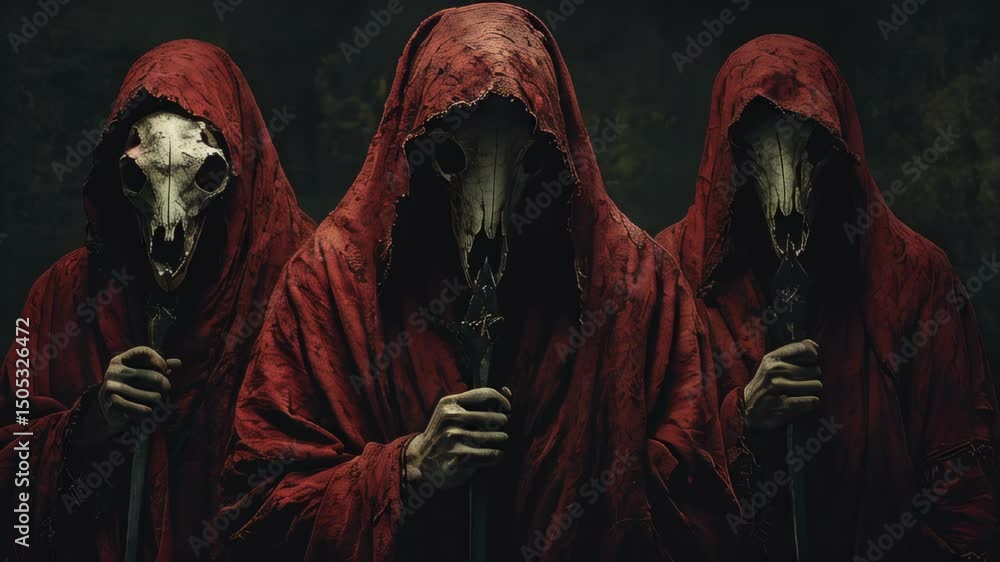 video of Mysterious figures in red hooded cloaks stand in the darkness ...