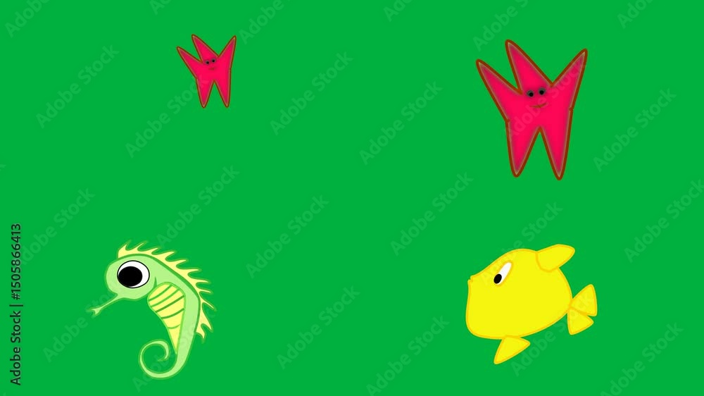 Video Stock Animated 2d character starfish, seahorse, and yellow fish ...