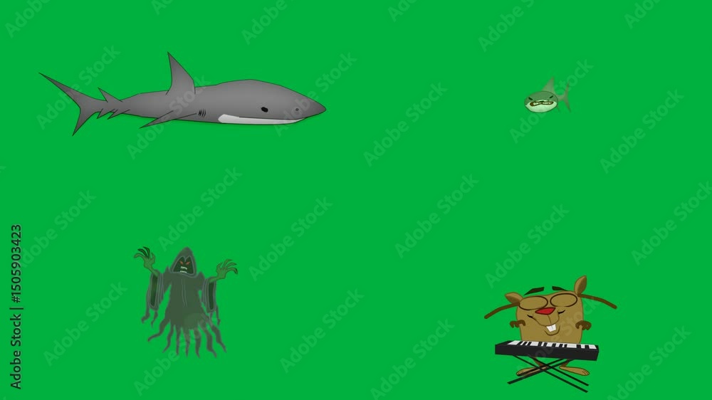 Video „Four 2d characters a shark, an open shark mouth, a crab, and a ...