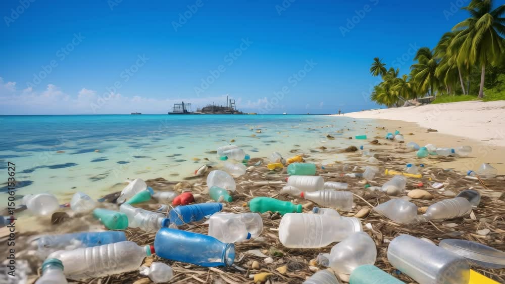 Vidéo Stock Plastic bottles and other garbage polluting the shore of a ...